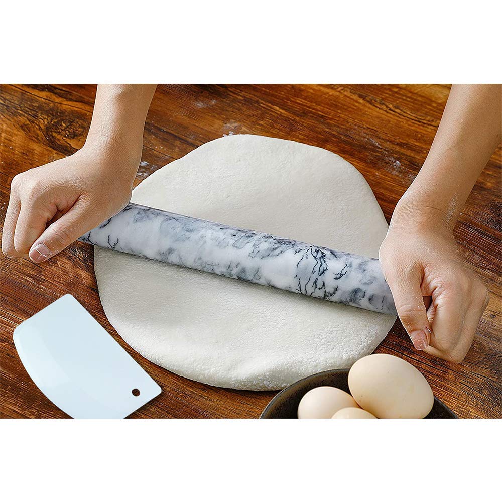 Marble Rolling Pin with Wood Cradle 12 Inch Black, Non-Stick Dough Roller Professional Essential Kitchen Utensil French Heavy Duty for Baking, Pizza, Fondant, Pie Crust, Cookie, Pastry