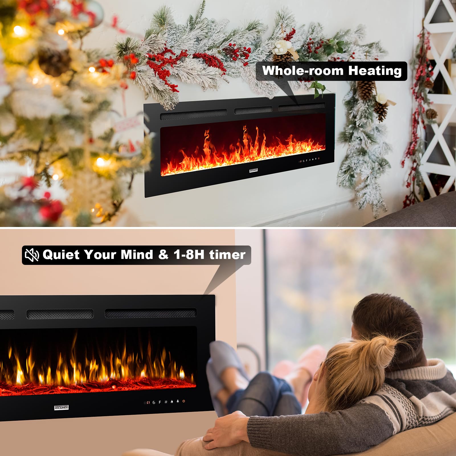 ROCSUMOO 50" Recessed and Wall Mounted Electric Fireplace, Low Noise, Remote Control with Timer,Touch Screen,Adjustable Flame Color and Speed, 750-1500W
