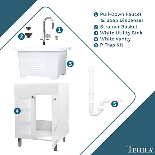 White Utility Sink in White Vanity, Stainless Steel Pull-Down Sprayer Faucet, Soap Dispenser and Spacious Cabinet by JS Jackson Supplies for Garage, Basement, Shop and Laundry Room