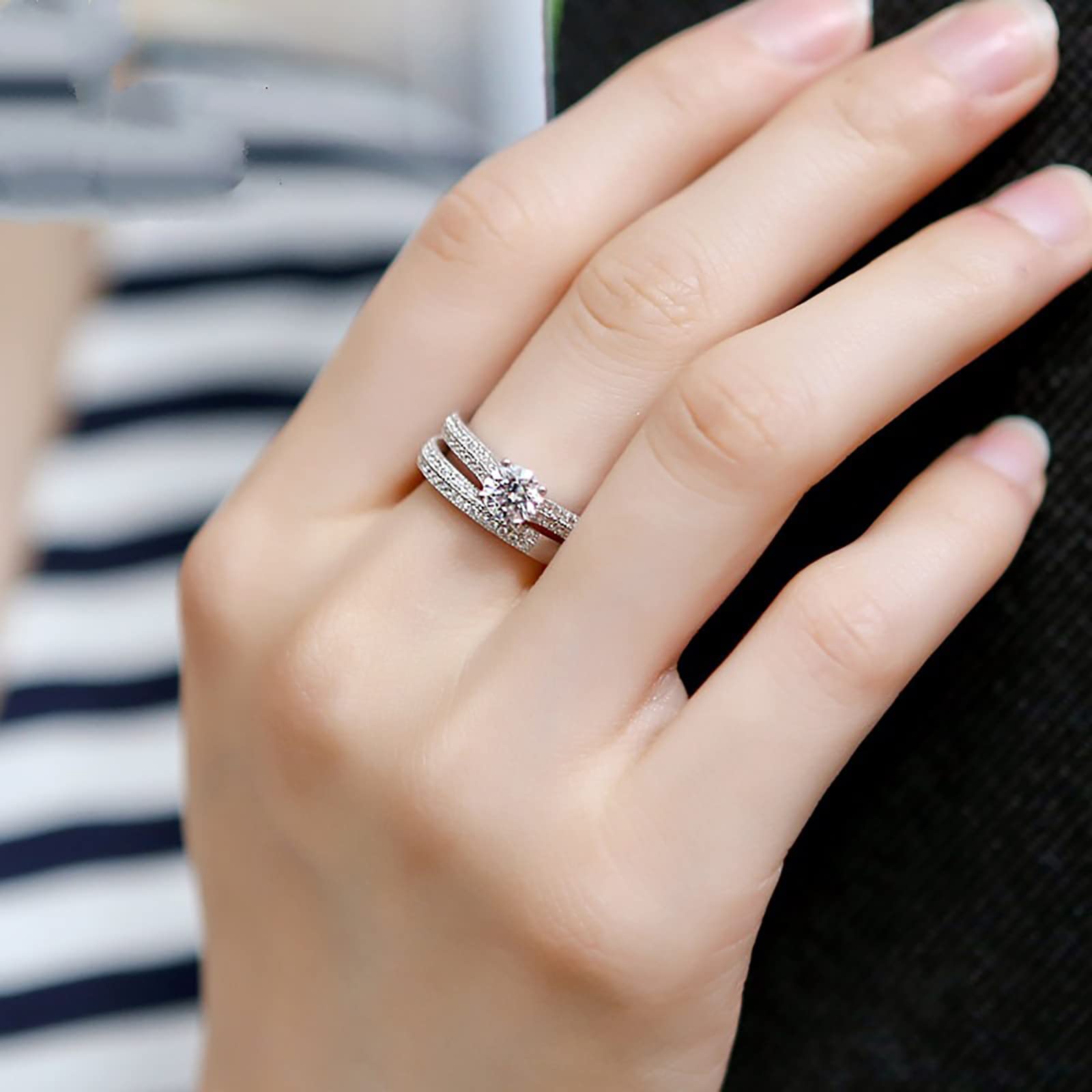 Stainless Steel Ring Sets Fashion Diamond Ring Set for Women Engagement Ring Jewelry Gifts (Silver, 7)