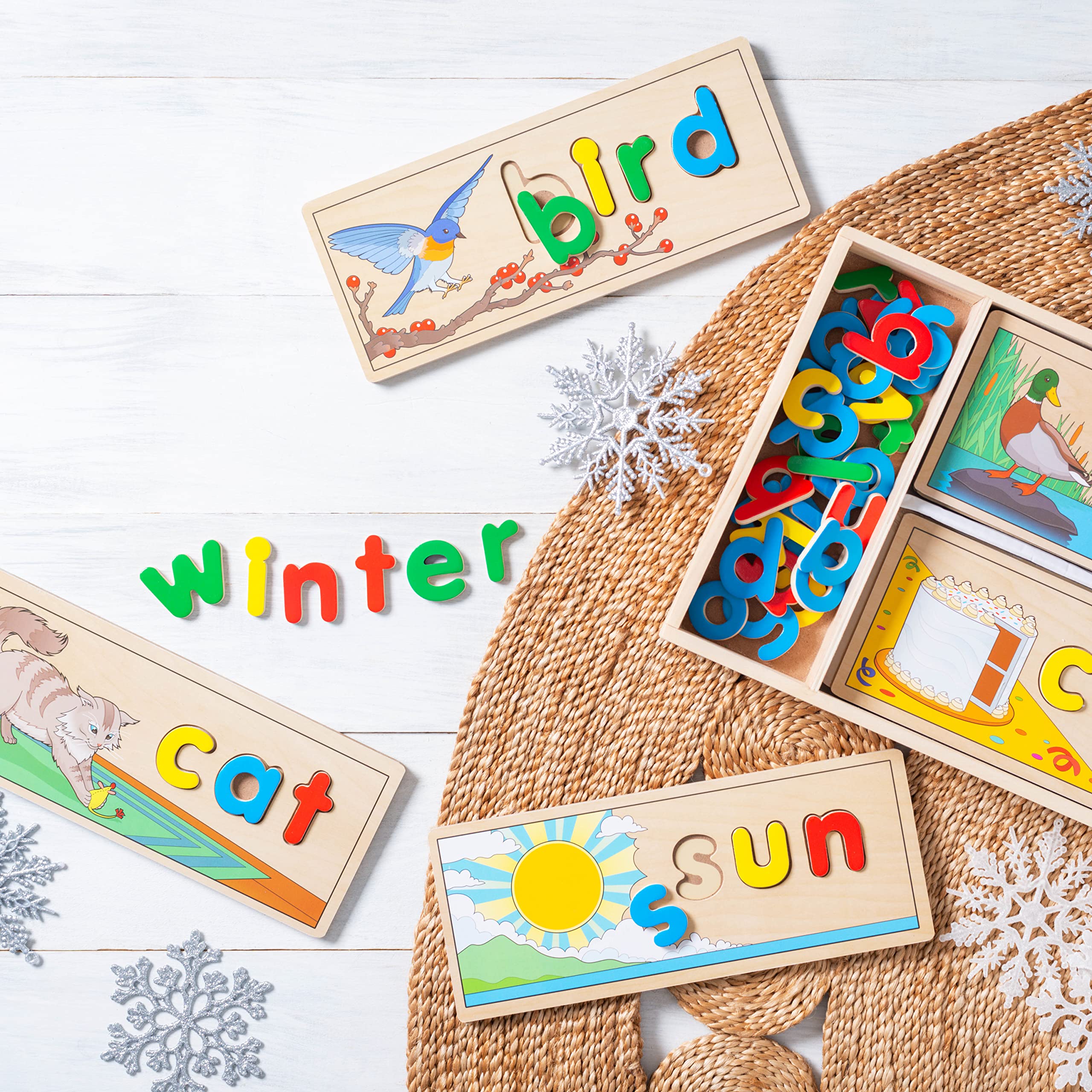 Melissa & Doug See & Spell Wooden Educational Toy With 8 Double-Sided Spelling Boards and 64 Letters Preschool Learning Activities, See & Spell Learning Toys For Kids Ages 4+