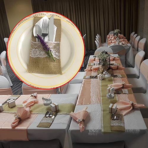OwnMy Natural Burlap Tableware Utensil Holders Burlap Lace Silverware Holder Linen Knife and Forks Cutlery Pouch Bag for Vintage Rustic Wedding Party (Beige-30 Packs)