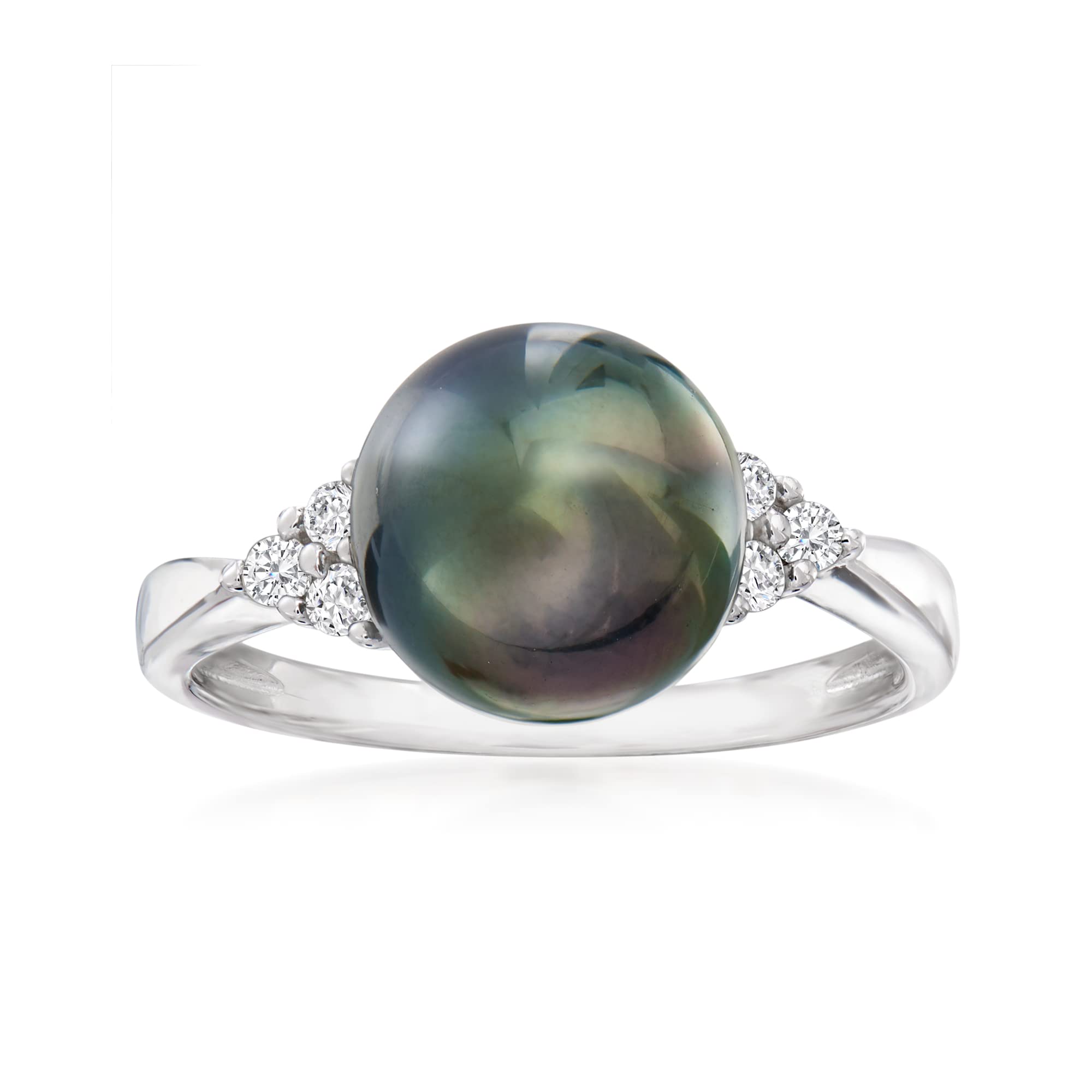 Ross-Simons 9-9.5mm Black Cultured Tahitian Pearl and .13 ct. t.w. Diamond Ring in Sterling Silver. Size 8