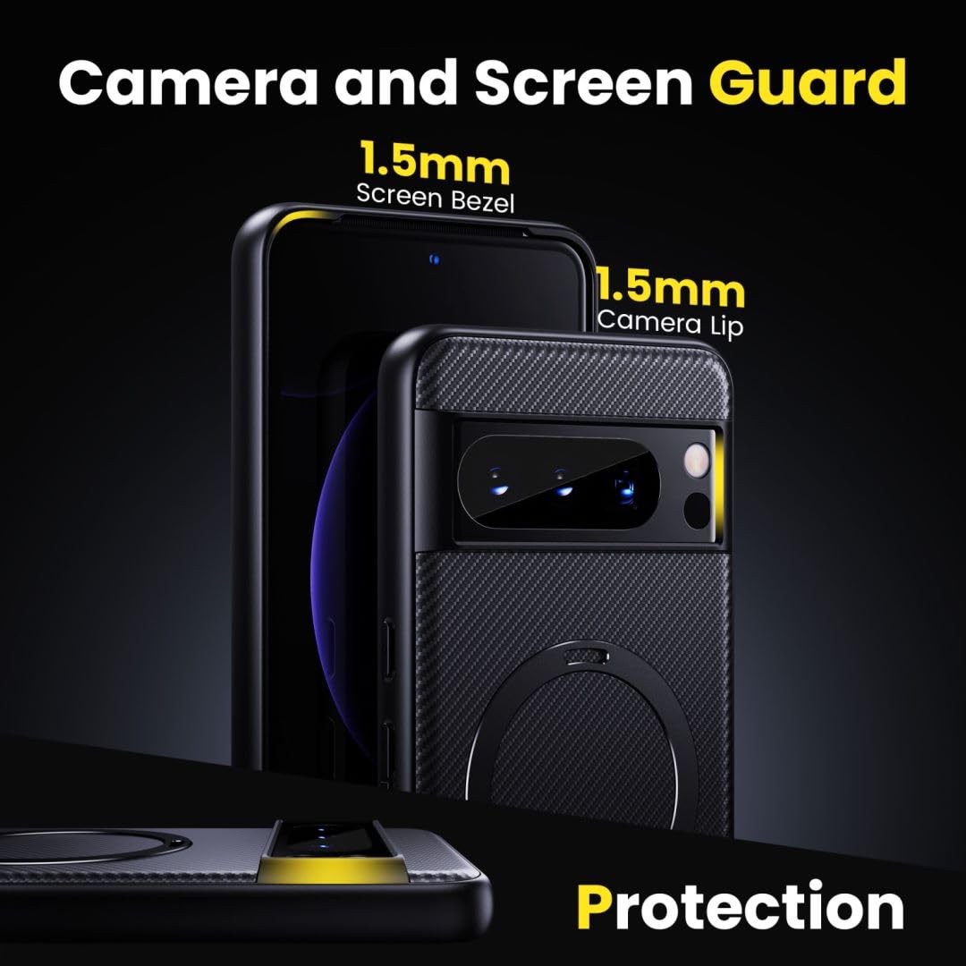 Lozeow for Pixel 8 Pro Magnetic Case with Stand, [Compatible with MagSafe] [12FT Military Drop Protection] Carbon Fiber Slim Cover for Google Pixel 8 Pro, Black