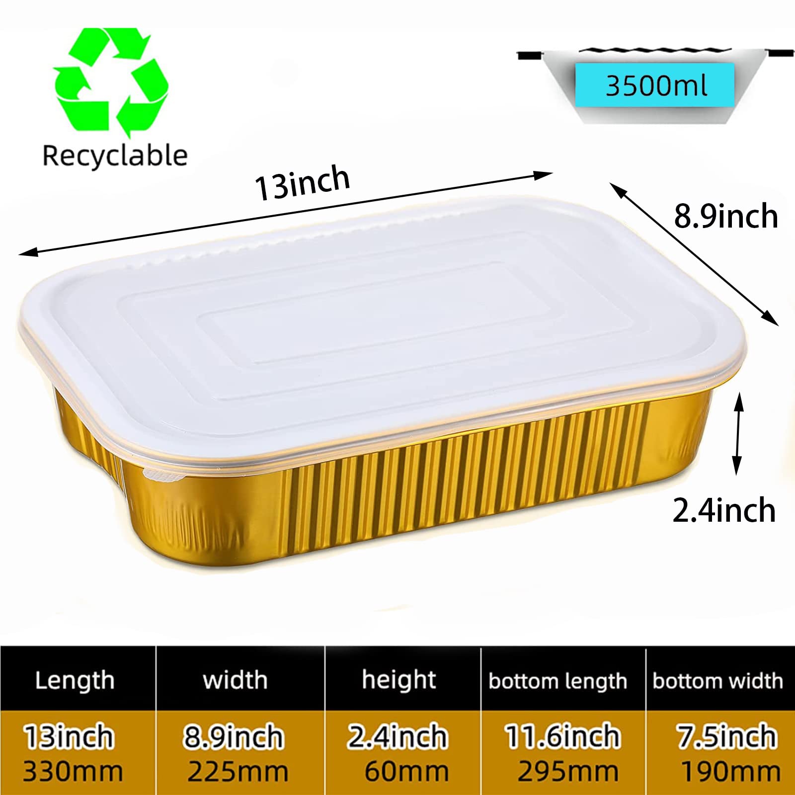 SuiXinCook Gold Aluminum Foil Baking Pan with lids Heavy Duty 9"×13"(10pack+10Lids), Double thickening, Disposable cake pans,Microwave oven safetyle. for Cooking,,Heating,Storage, BBQ
