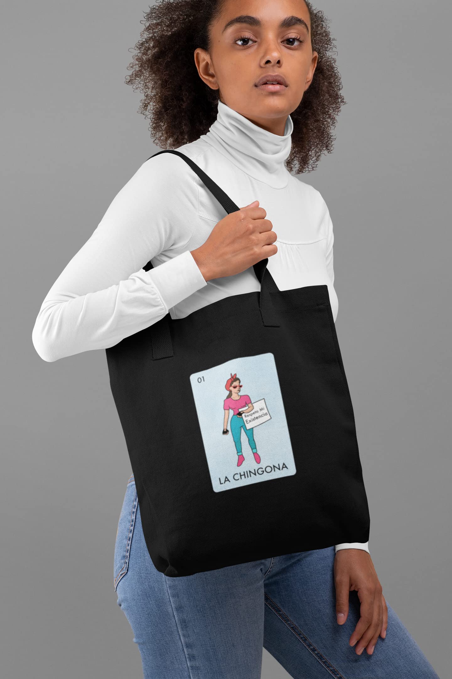 Pop Threads La Chingona Parody Feminist Latina Canvas Tote Bag Black 15x15 inches