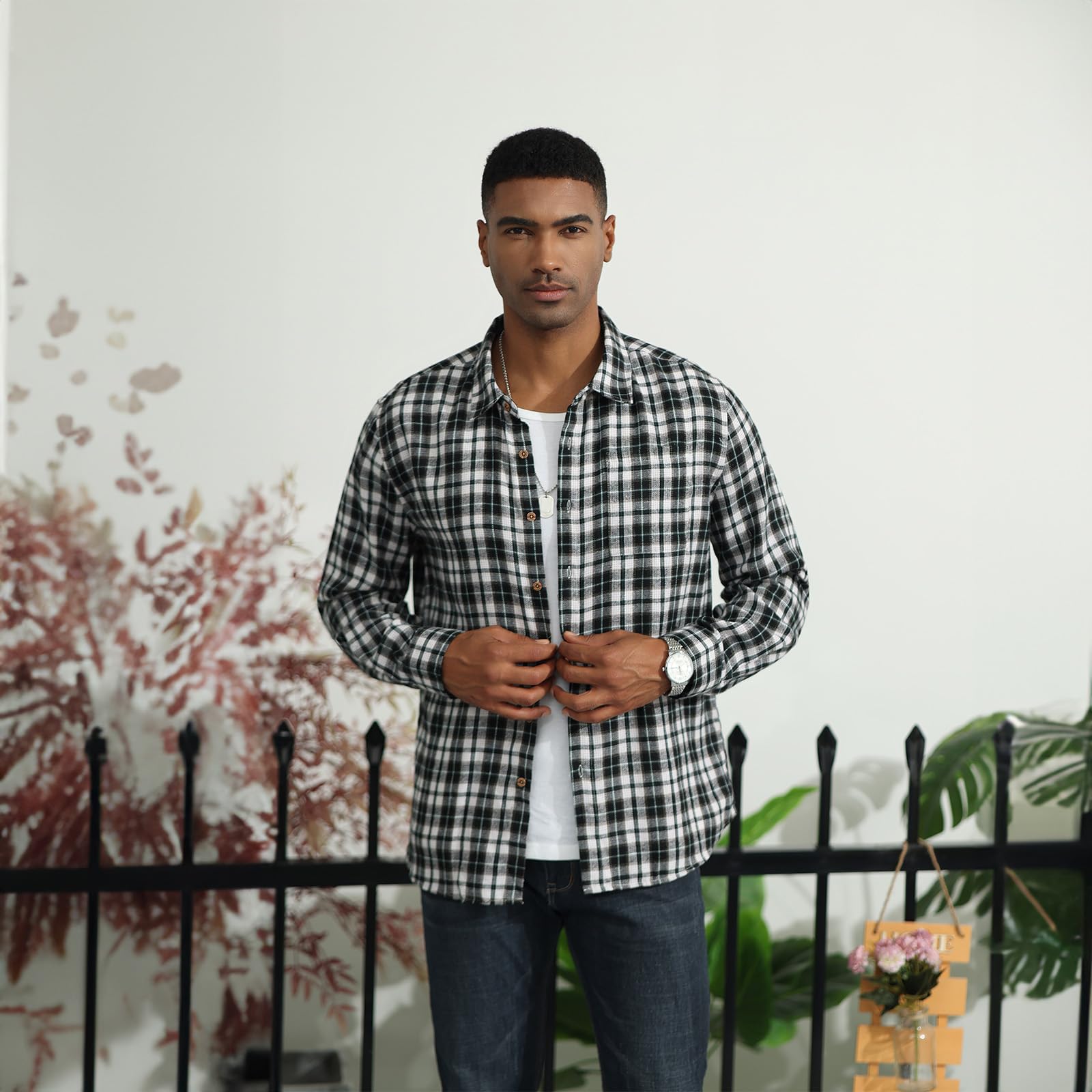 Mens Plaid Flannel Shirts Casual Long Sleeve Button Down Shirts Vintage Tops with Pocket Wine red M