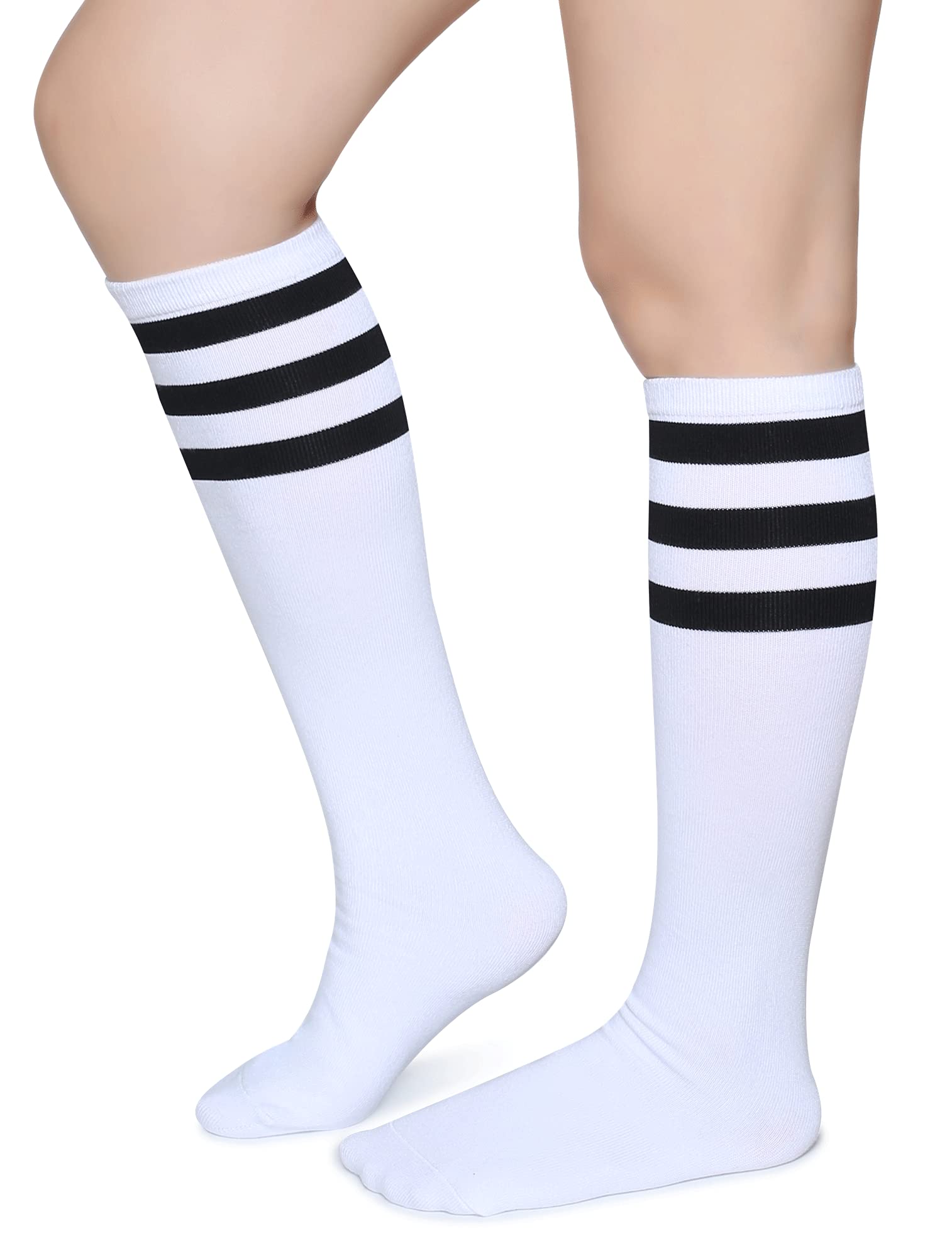 Pareberry Casual Cotton Solid & Triple Stripe Colors Knee High Tube Socks-3 Pairs (A05-(Black+White+Light Gray))