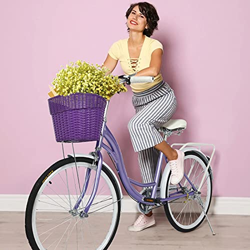 visdron Bicycle Front 26-Inch Womens Comfort Bikes Beach Cruiser Bike Single Speed Bicycle Comfortable Bicycle 4 Wheel Bikes Adults Used (Purple, One Size)