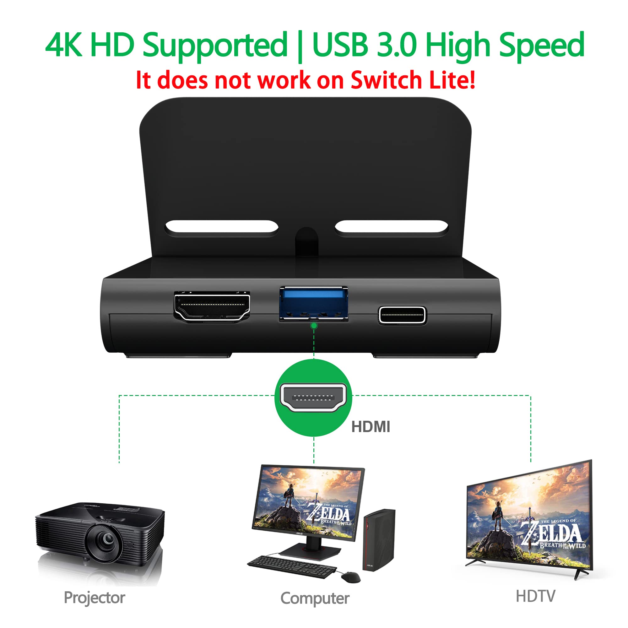 TOMSHEIR Docking Station for Nintendo Switch, Portable Charging Dock Support 4K HDMI TV Adapter Set Replacement for Official Nintendo Switch with USB 3.0 Port