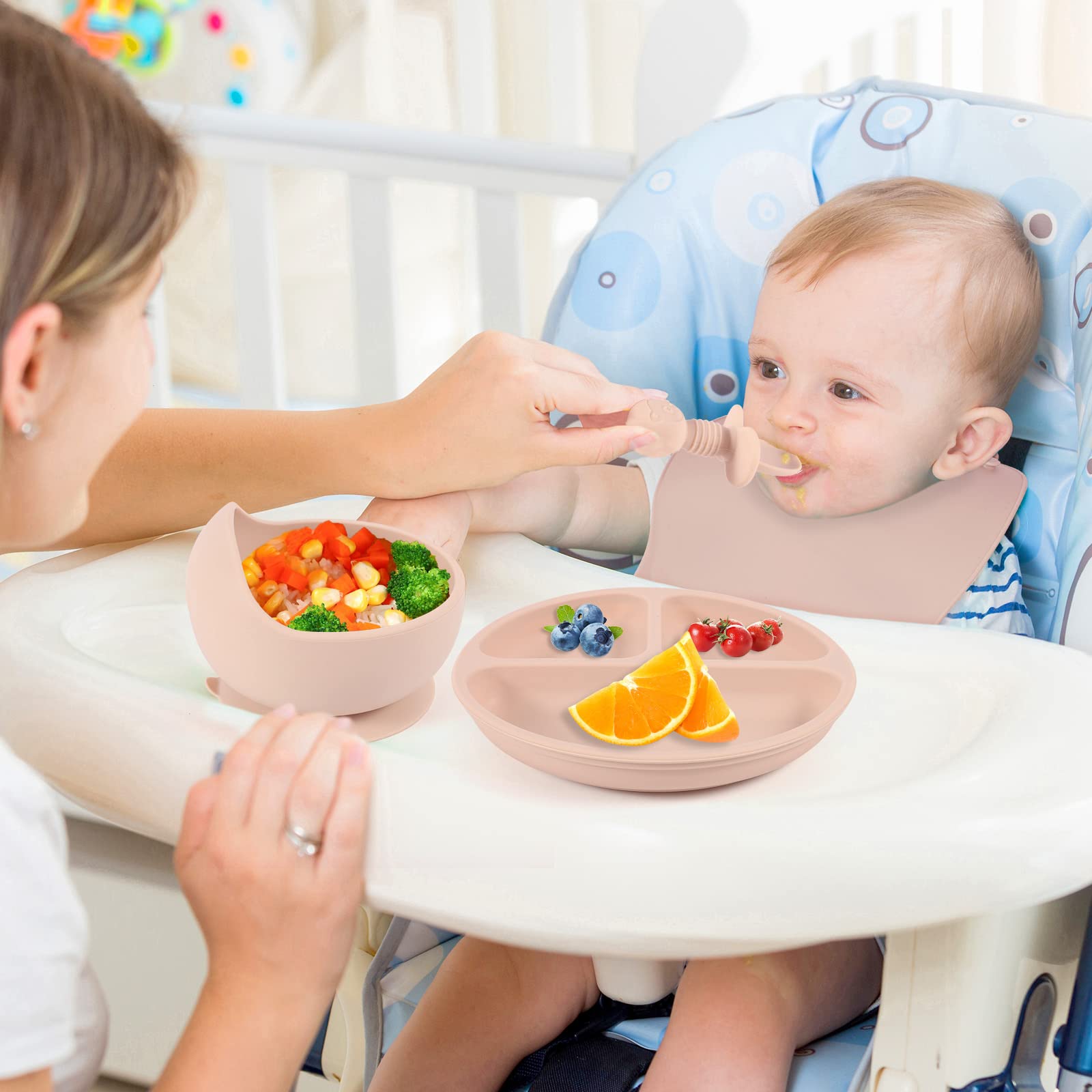 Pimoys 6 Pack Silicone Baby Feeding Set Baby Led Weaning Supplies Suction Bowl Plate Bib Tiny Cup Toddler Dishes with Fork & Spoon, Baby Eating Utensils Microwave & Dishwasher Safe