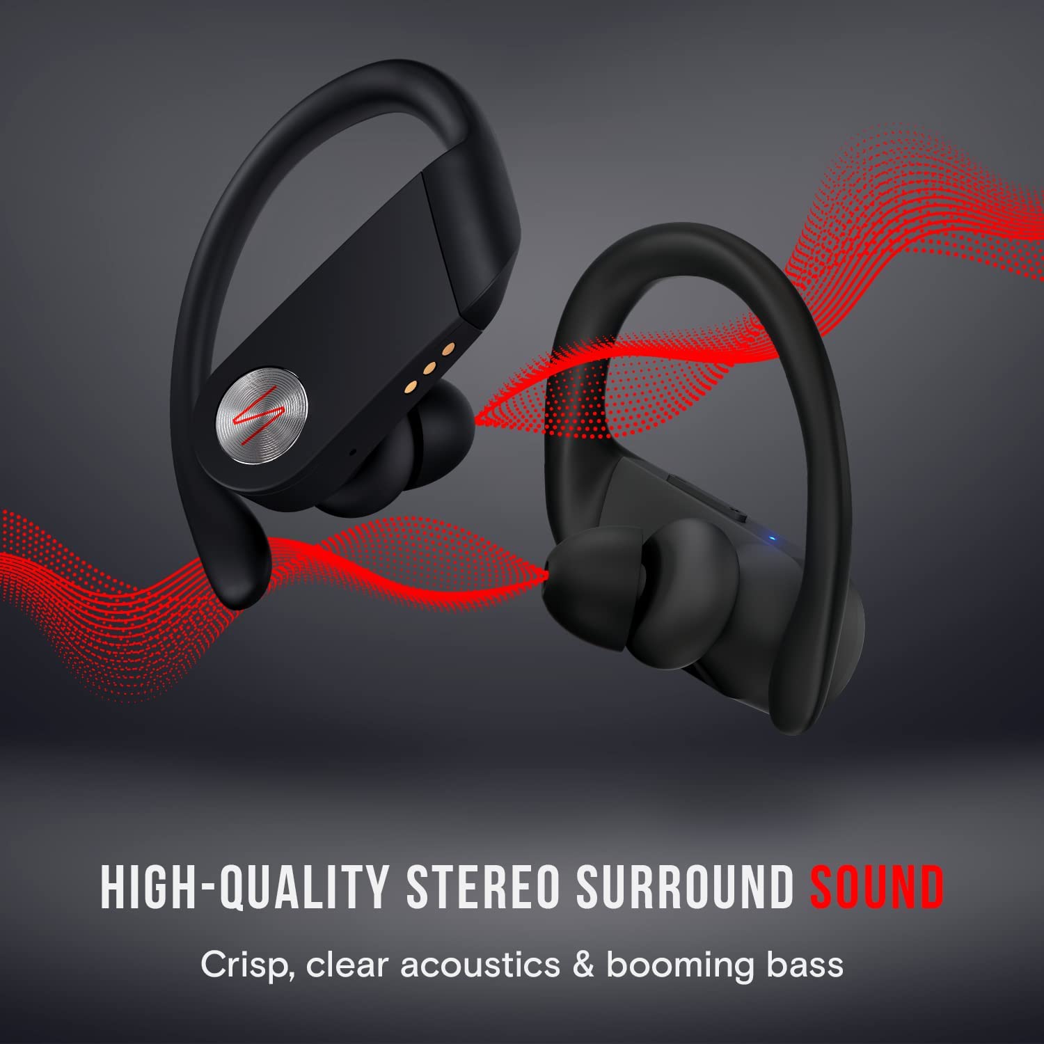 Symphonized Sports Wireless Earbuds - Water Resistant Bluetooth Headphones with Microphone, Earhooks and LED Charging Display, Black