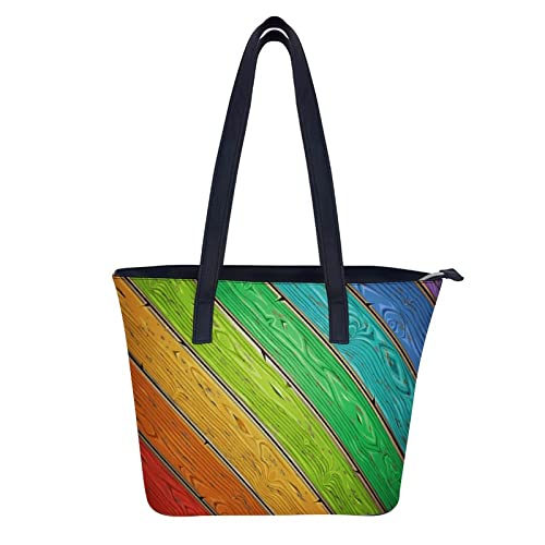 Rainbow Old Wooden Painted Women's Tote Bag PU Leather Shoulder Bag Handbags Purse For Work Shopping Travel