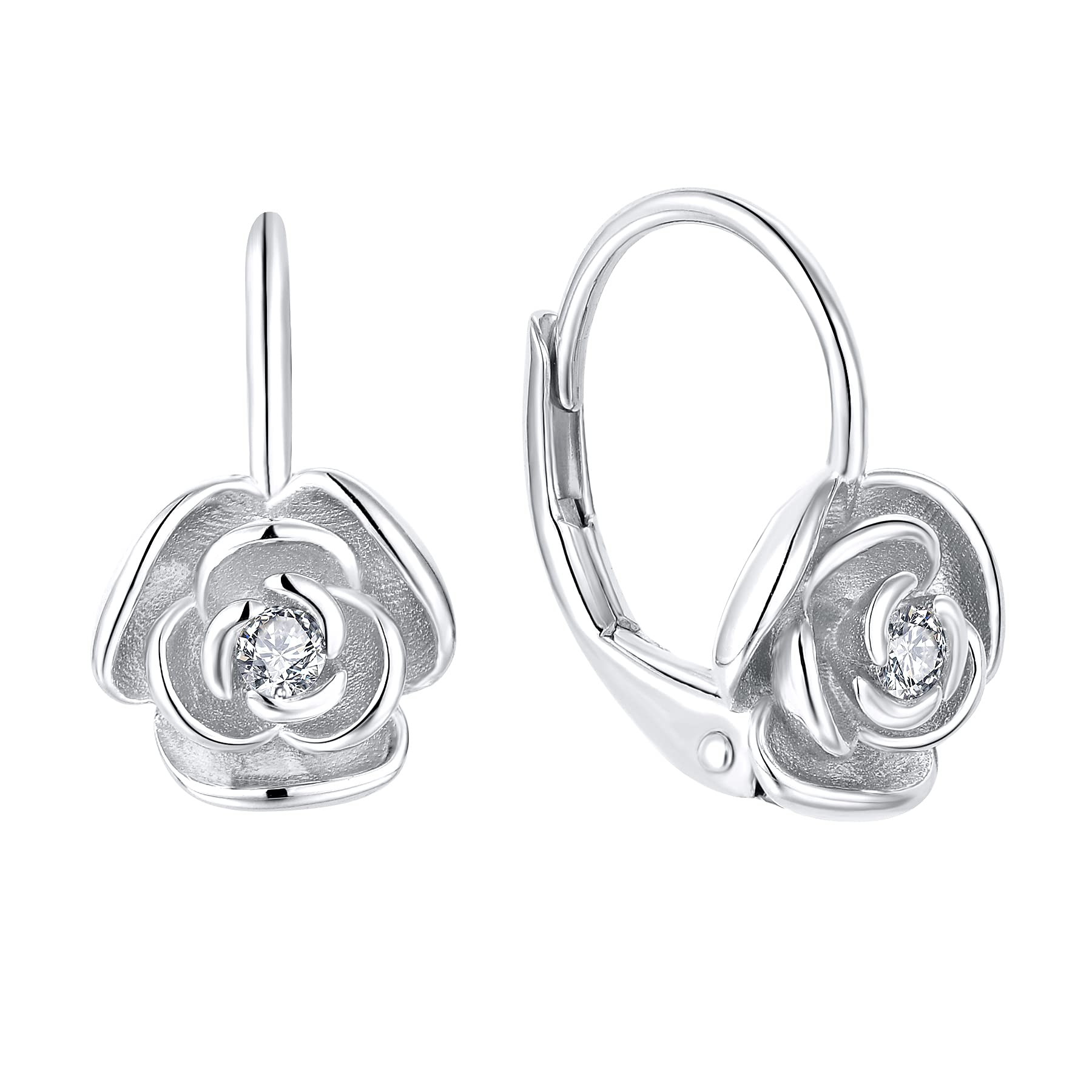 Starchenie Rose Leverback Earrings for Women 925 Sterling Silver Hypoallergenic Jewelry White Gold