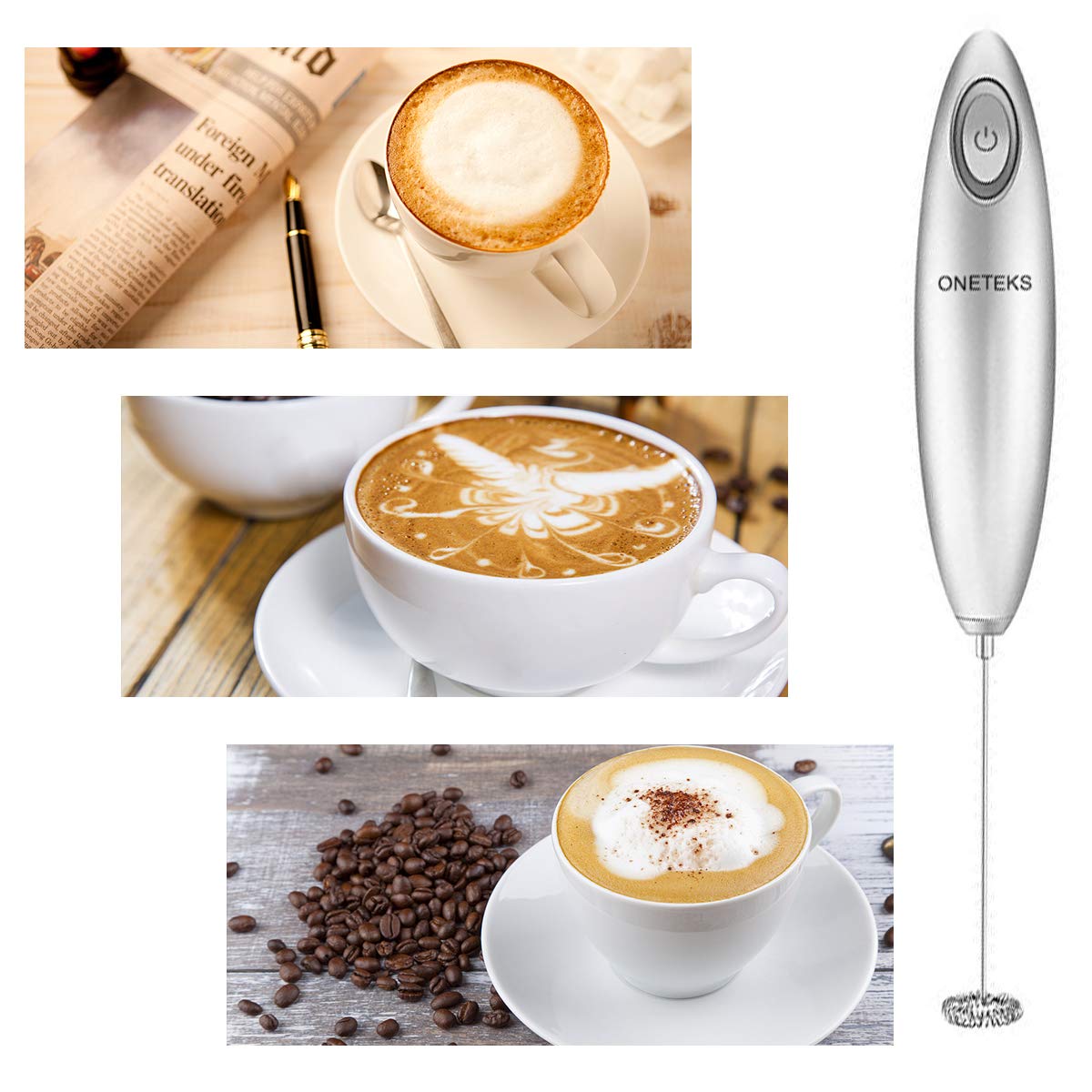 ONETEKS Milk Frother Handheld Battery, Electric Hand Foamer Blender Durable Drink Mixer including Stand, Maker For Coffee, Latte, Cappuccino, Hot Chocolate(Silver)