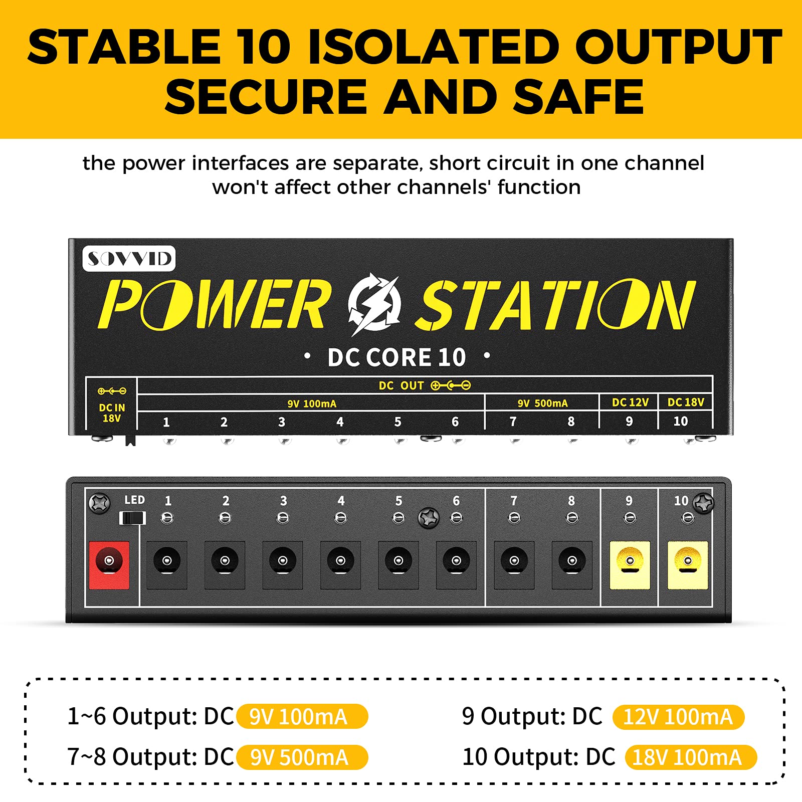 Sovvid Guitar Pedal Power Supply - 10 Isolated DC Output for 9V/12V/18V 100mA 500mA Effect Pedal Board Power Supply with Smart Short Circuit and Overcurrent Protection1