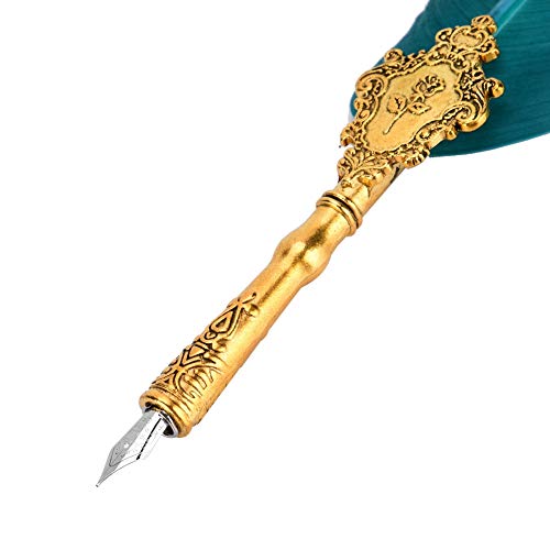 Quill Pen Feather Pen, Handmade Antique Calligraphy Pen Set, Writing Quill Pen with 5 Replacement Nibs & Empty Ink Bottle, Stationery Gift Come with Gift Box