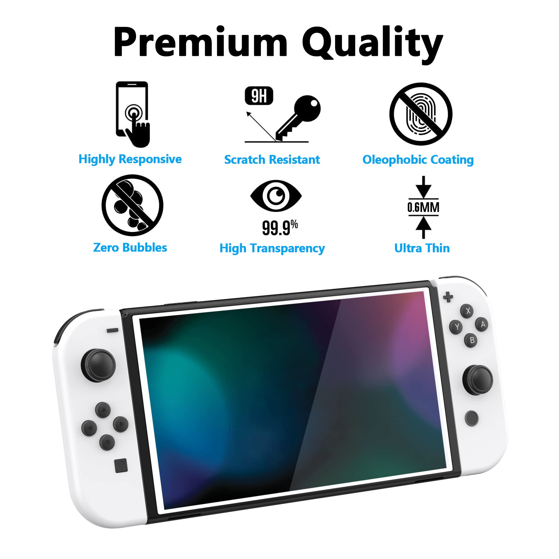 playvital White Border Tempered Glass Screen Protector for Nintendo Switch OLED, Anti-Scratch Transparent HD Clear Protector Film for Switch OLED - 2 Pack Included