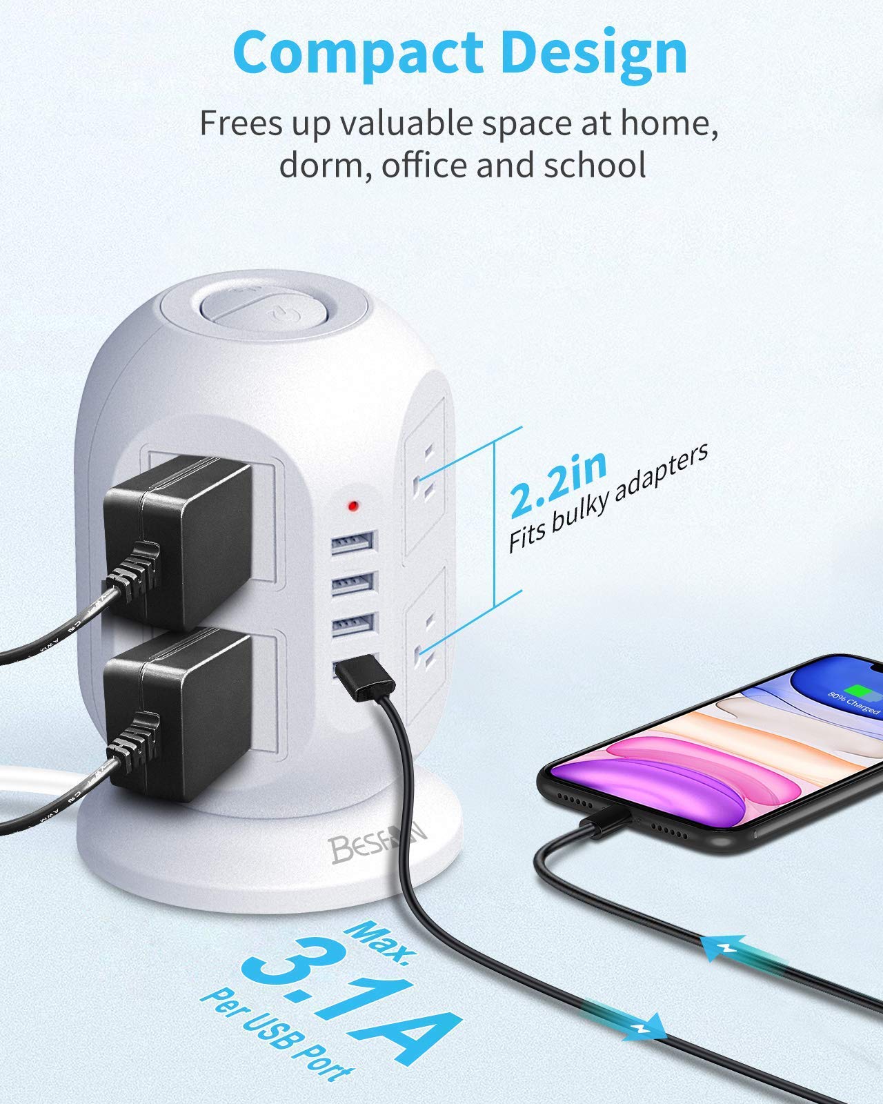 Surge Protection Power Strip Tower, BESFAN 10 FT Extension Cord with 8 AC Outlets and 4 USB Ports, Indoor Extension Cord with Overload Protection
