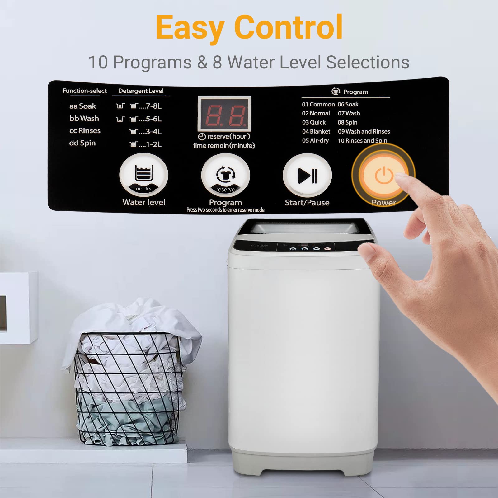 ROVSUN 13lbs Portable Washing Machine with Drain Pump, 1.32cu.ft Full-Automatic Washer with 10 Programs 8 Water Levels, Perfect for Apartments, RVs and Dorm