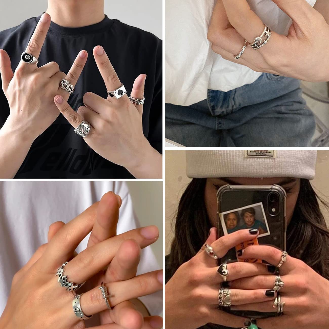 Silver Goth Punk Rings Set for Men Girls Women, Cool Gothic Ring Pack, Vintage Stackable Animal Rings Bulk, Boho Chunky Knuckle Emo Rings, Open Snake Butterfly Ace Eboy Y2K Accessories (31 pcs)