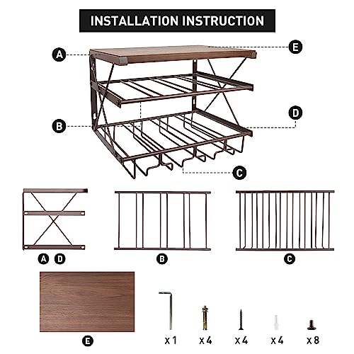 OOir onOO Wall Mounted Wine Rack - Wood Rustic Wine Bottle Glass Floating Shelves Holds with Stemware Rack, 8 x Glasses and 11 xWine Bottles for Kitchen,Dining Room,Bar,15 Inch(Brown)