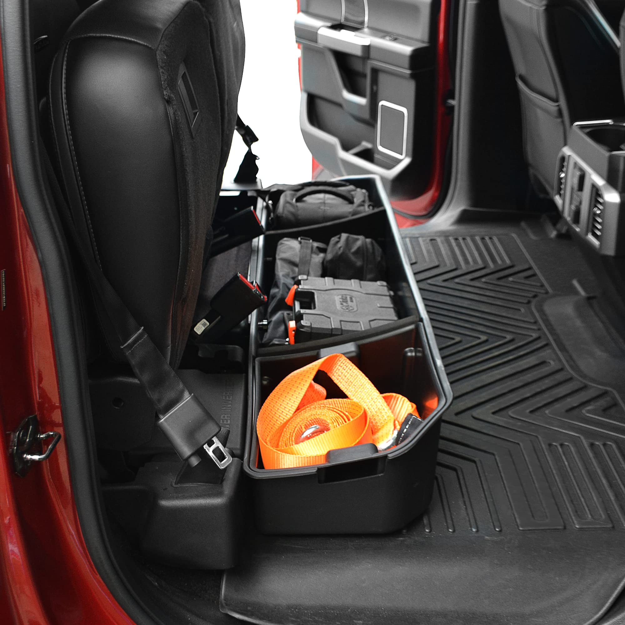 oEdRo Upgraded Under Seat Storage Box Compatible with 2015-2024 Ford F150 SuperCrew Cab & Crew Cab - Unique Textured Black 3-in-1 Design Max Storage (Excl. Super Cab)