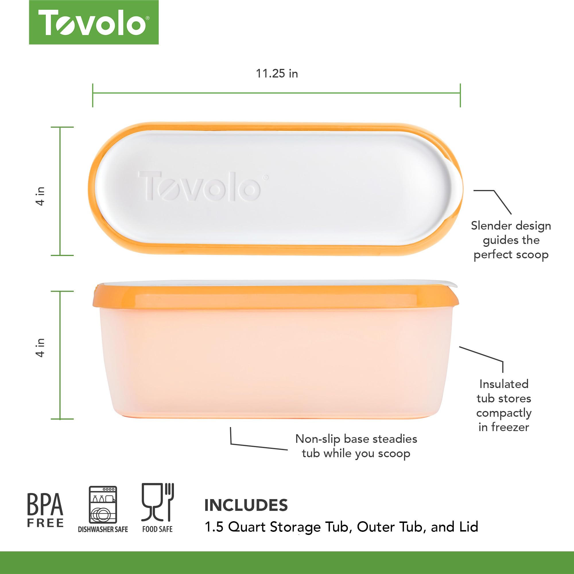 Tovolo Glide-A-Scoop Ice Cream Tub, 1.5 Quart, Insulated, Airtight Reusable Container With Non-Slip Base, Stackable on Freezer Shelves, BPA-Free, Orange Crush
