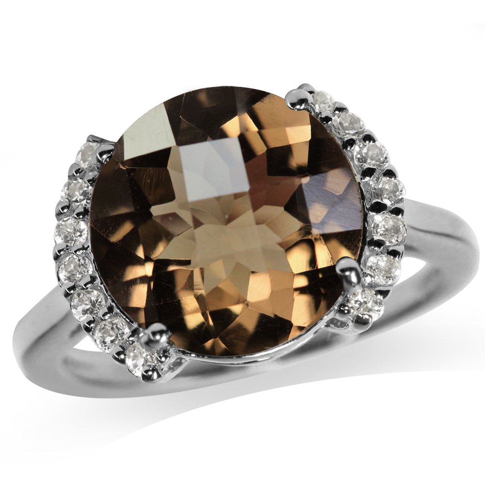 Silvershake 5.23 Carat Natural Smoky Quartz and Topaz White Gold Plated 925 Sterling Silver Cocktail Ring Size 8.25