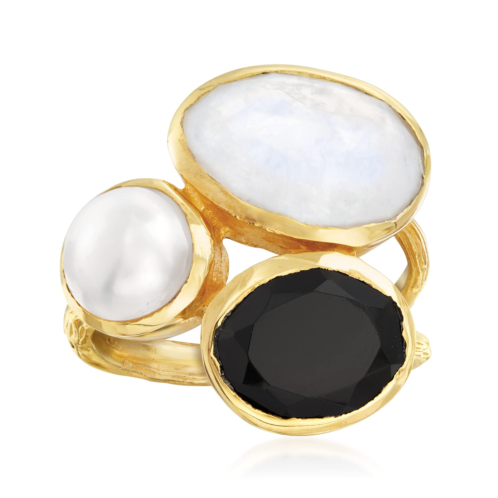 Ross-Simons 8mm Cultured Pearl, Black Onyx and Moonstone Ring in 18kt Gold Over Sterling. Size 8