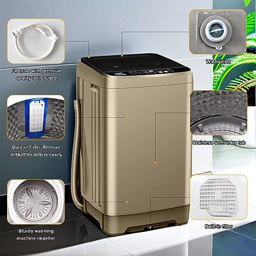 OOTDAY 15.6lbs Full-Automatic Washing Machine, 2 in 1 Portable Washing Machine, 10 Programs 8 Water Levels with LED Display, Low Noise and Easy Store for Apartment,Dorms,RV Camping Dark-Gold