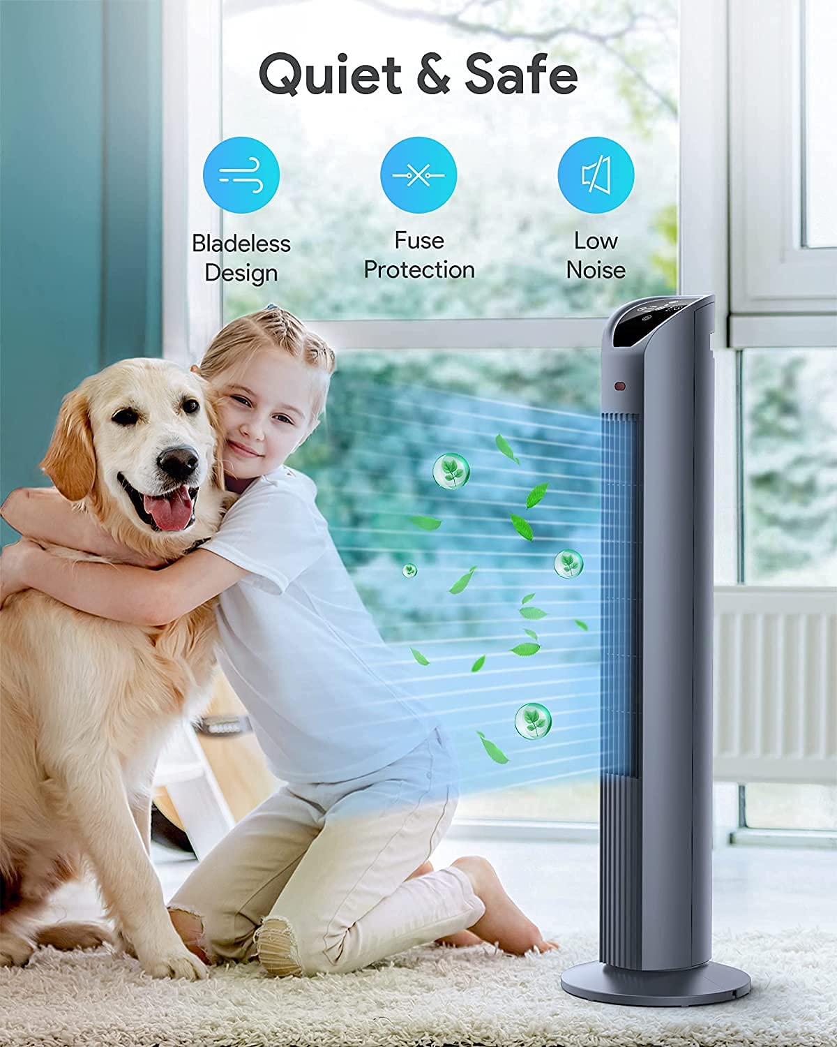 Tower Fan with Remote, Oscillating Fan Features 3 Modes 3 Speed, 75° Oscillation Standing Fans, Auto-off Backlight and 12H Timer, Portable Floor Bladeless Fan for Bedroom, Home and Office, Gray