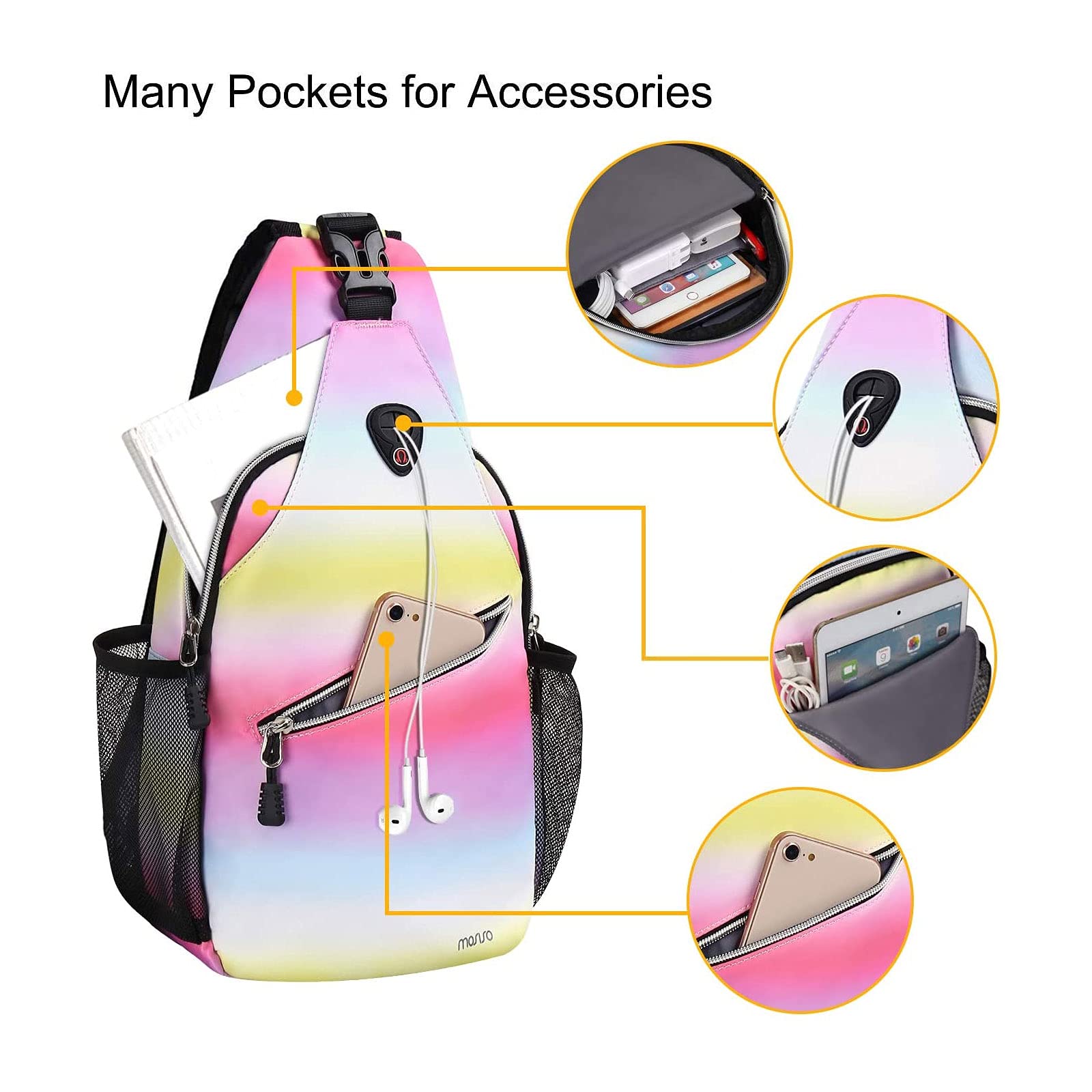 MOSISO Sling Backpack,Travel Hiking Daypack Pattern Rope Crossbody Shoulder Bag, Rainbow