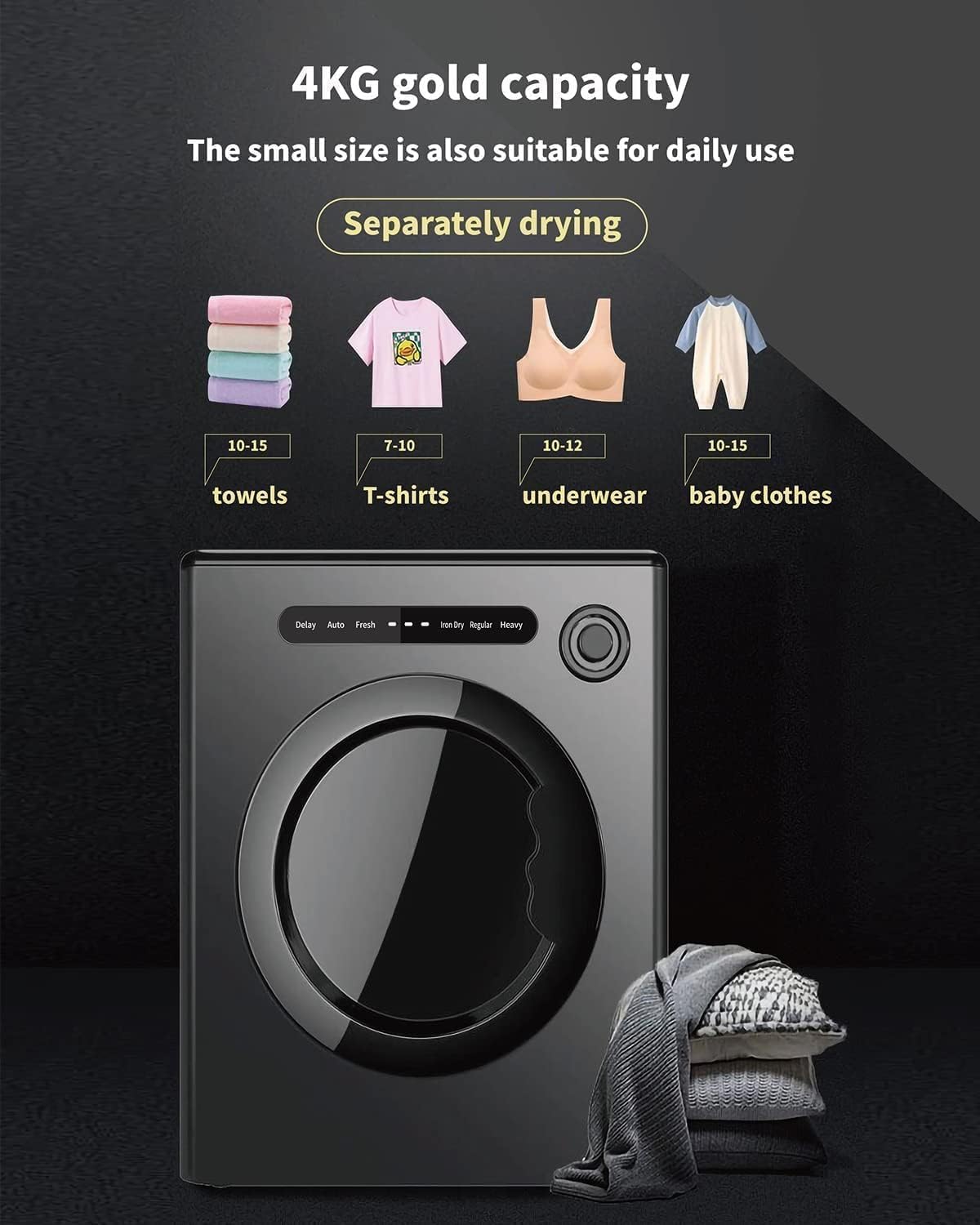 OOTDAY Portable Clothes Dryer Compact Laundry Dryers 850W, 8.8 lbs Load Volume, Auto-Electronic Control panel, Front Load Stainless Steel Tumble for Home, Apartment, Dorms, White