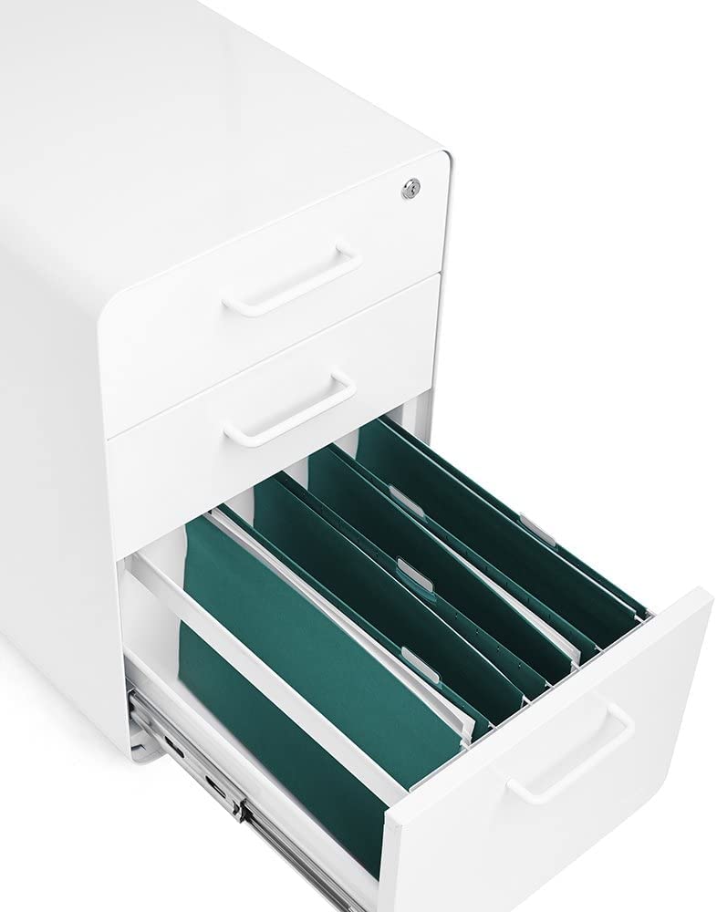 Poppin Stow 3-Drawer Rolling File Cabinet - White. 2 Utility Drawers and 1 Hanging File Drawer. Two Locking and Two Non-Locking Wheels. Powder-Coated Steel. Two Keys Included