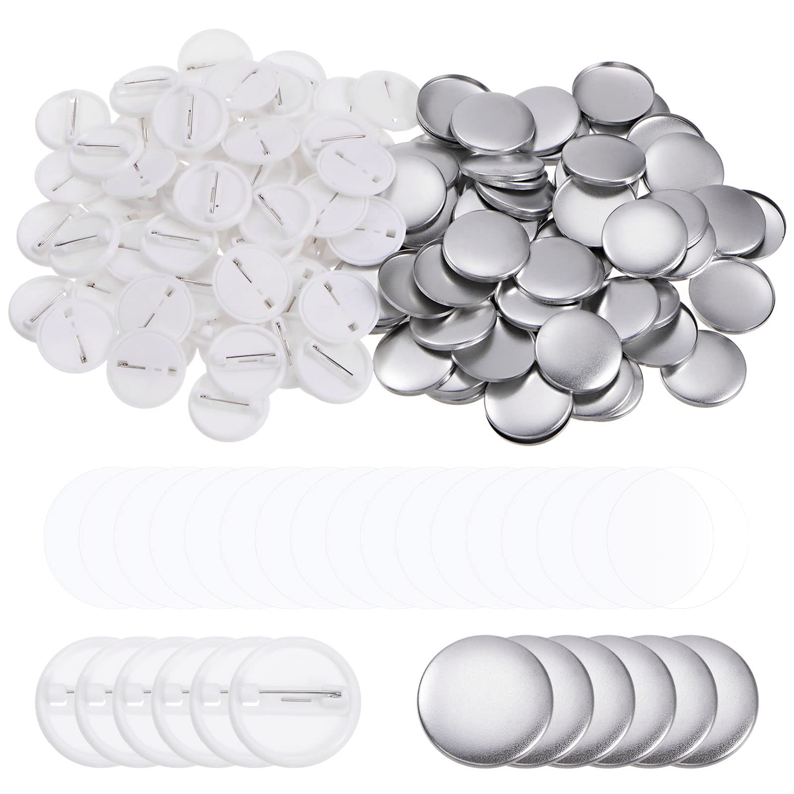 MECCANIXITY Blank Pin Back Button Parts, 25mm 0.98 Inch, 500 Set Sewing Buttons Round Metal Cover Plastic Button Back Clear Film for Button Maker Machine