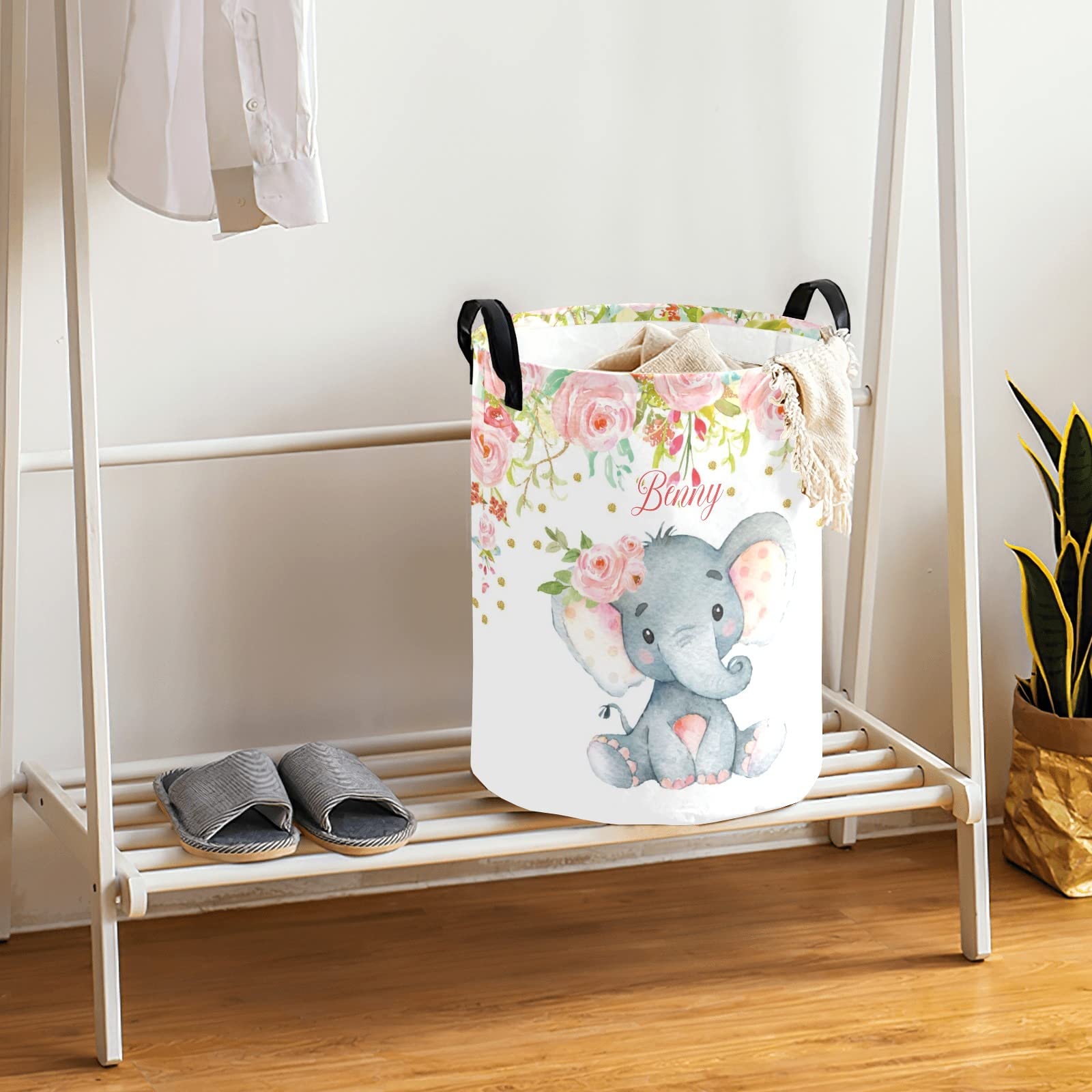 Pink Flower Elephant Personalized Laundry Hamper,Custom Name Collapsible Waterproof Laundry Basket Storage Bins with Handle for Clothes,Toy,Nursery