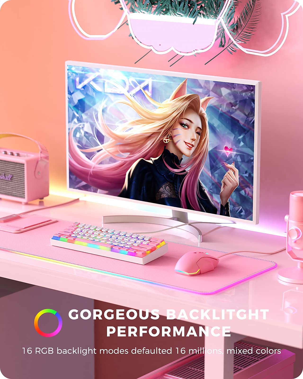 Seenda Pudding Hacker 61 Mechanical Gaming Keyboard, Wired Mini 60% Two-Tone White Pink Keyboard with Customizable RGB Backlit & Fully Programmable Keys, Red Switch and PBT Keycap Mechanical Keyboard