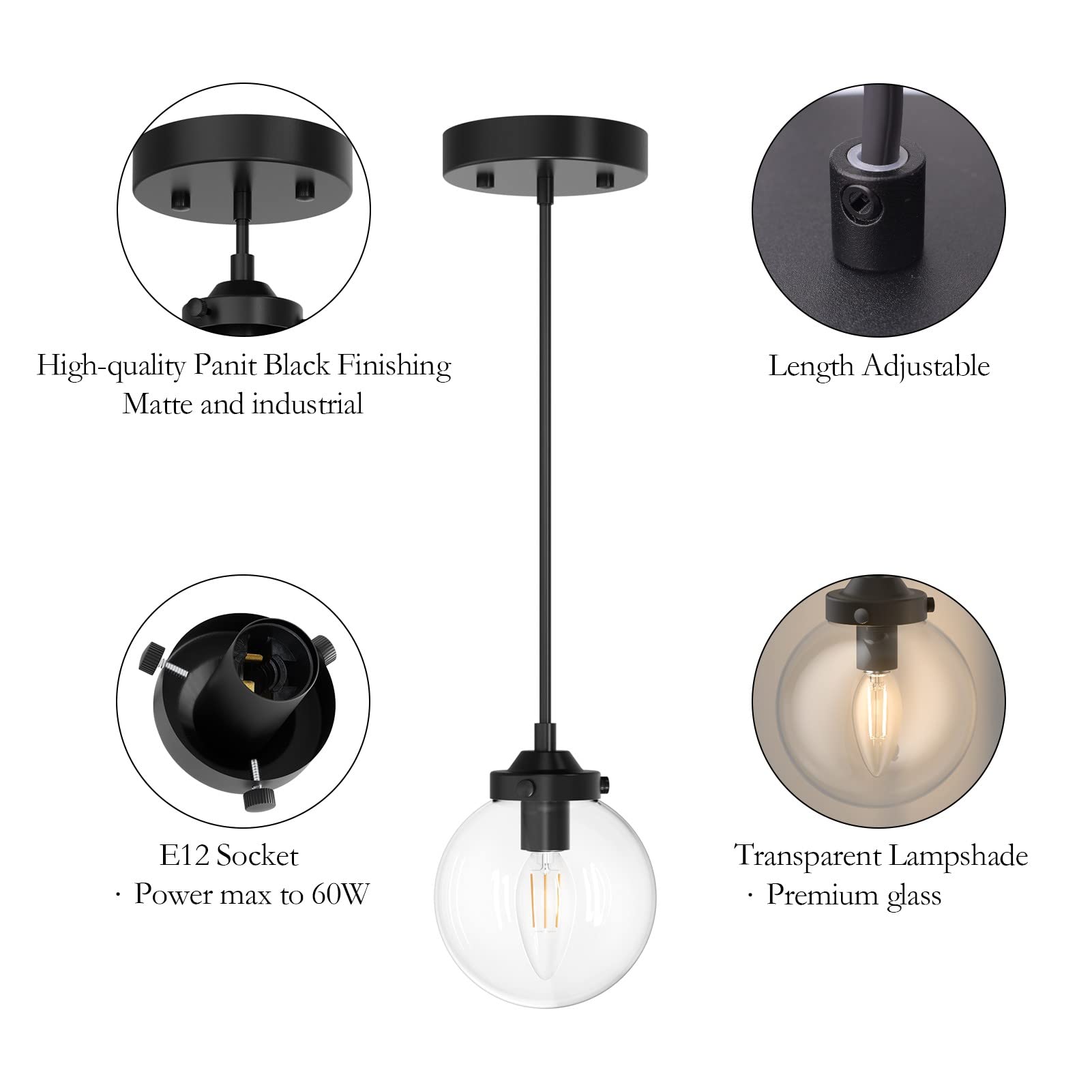 Ralbay 2 Pack Black Globe Pendant Lights for Kitchen Island,Industrial Black Globe Pendant Light with Clear Globe Glass,Mini Island Lights for Kitchen,Farmhouse Pendant Light,Bulb Excluded,Black