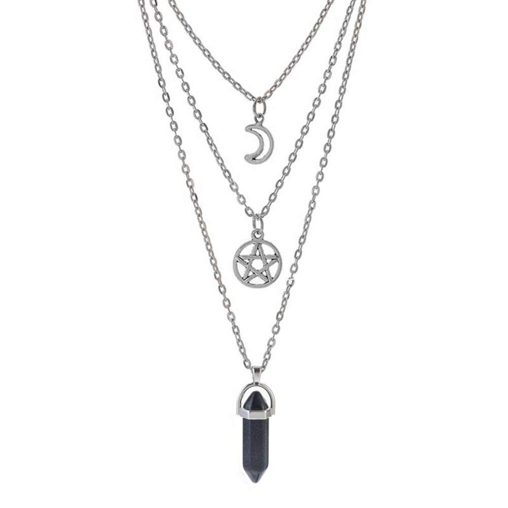 MJartoria Moon Pentagram Necklace Crystal Chakra Pendant Layered Necklaces for Women Choker Necklace Gothic Jewelry Y2K Goth Accessories (Dark Blue, Moon Pentagram)