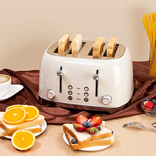 REDMOND 4 Slice Toaster Retro Stainless Steel Toasters with Bagel Defrost Cancel Function, 6 Browning Settings, Cream, ST033 WT-340C