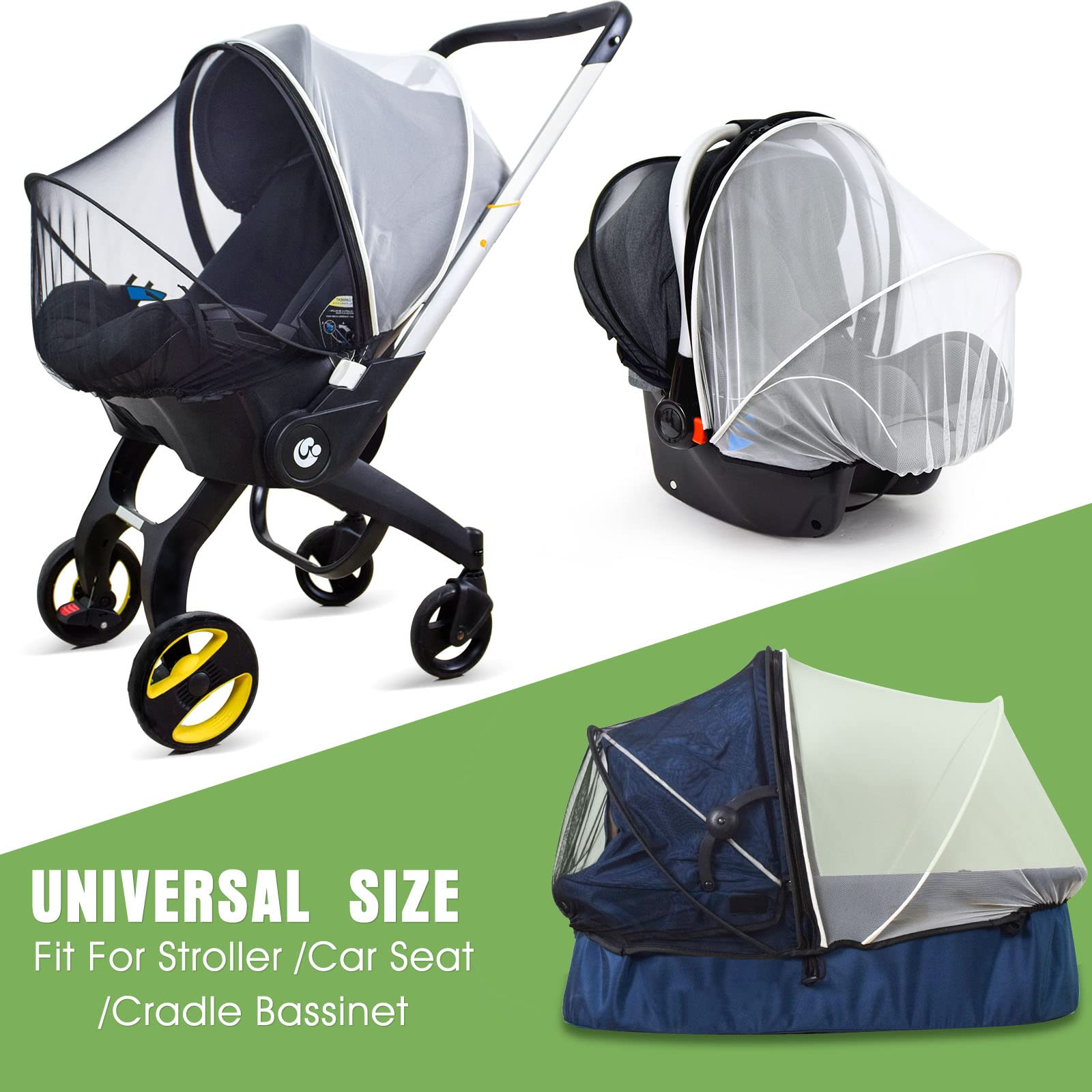 Sysmie Car Seat Mosquito Net Cover, Mosquito Net for Stroller, Sun Shade for Strollers Easy to Open and ClosDouble Zipper Design, Easy Use for Strollers, Car seat,Bassinet,Cradle (Black/White)