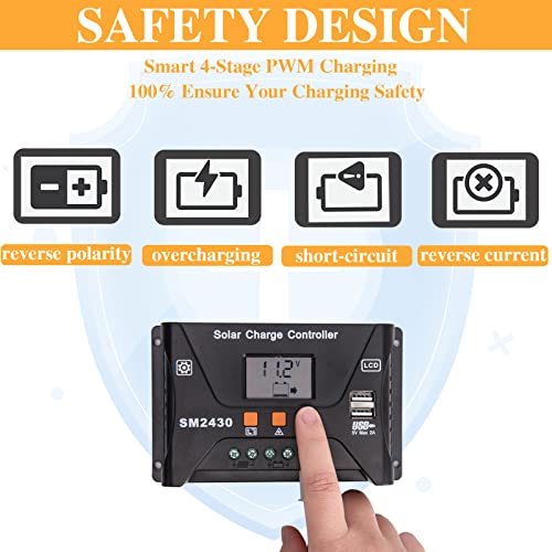 PWM Solar Charge Controller 12V 10A Waterproof, PWM Negative Ground Solar Charge Controller 12V/24V with LCD Display for AGM, Gel, Flooded and Lithium Battery