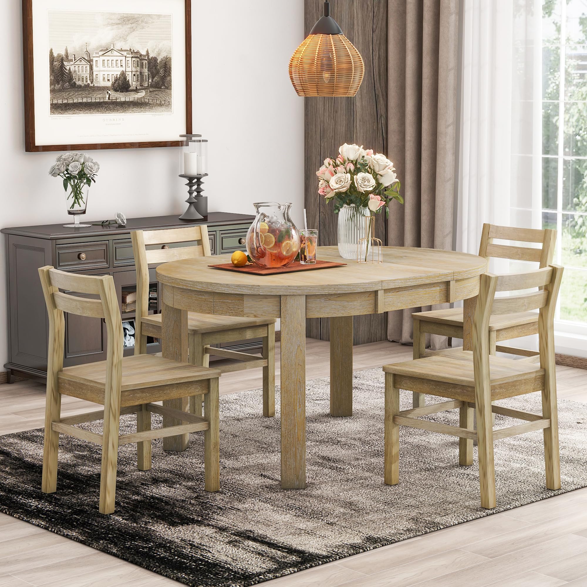 MengK Farmhouse 5-Piece Extendable Round Dining Table Set with Storage Drawers and 4 Dining Chairs,16" Removable Leaf, Natural