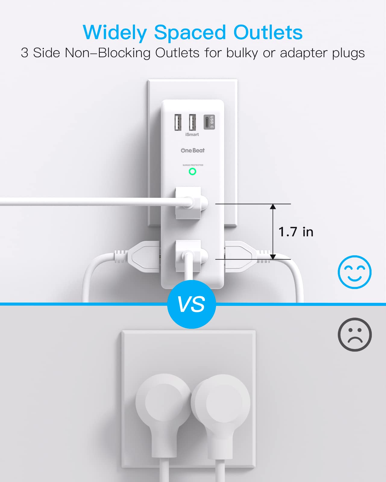 Surge Protector Outlet Extender - with Rotating Plug, 6 AC Multi Plug Outlet with 3 USB Ports (1 USB C), 1800 Joules, 3-Sided Swivel Power Strip with Spaced Outlet Splitter for Home, Office, Travel