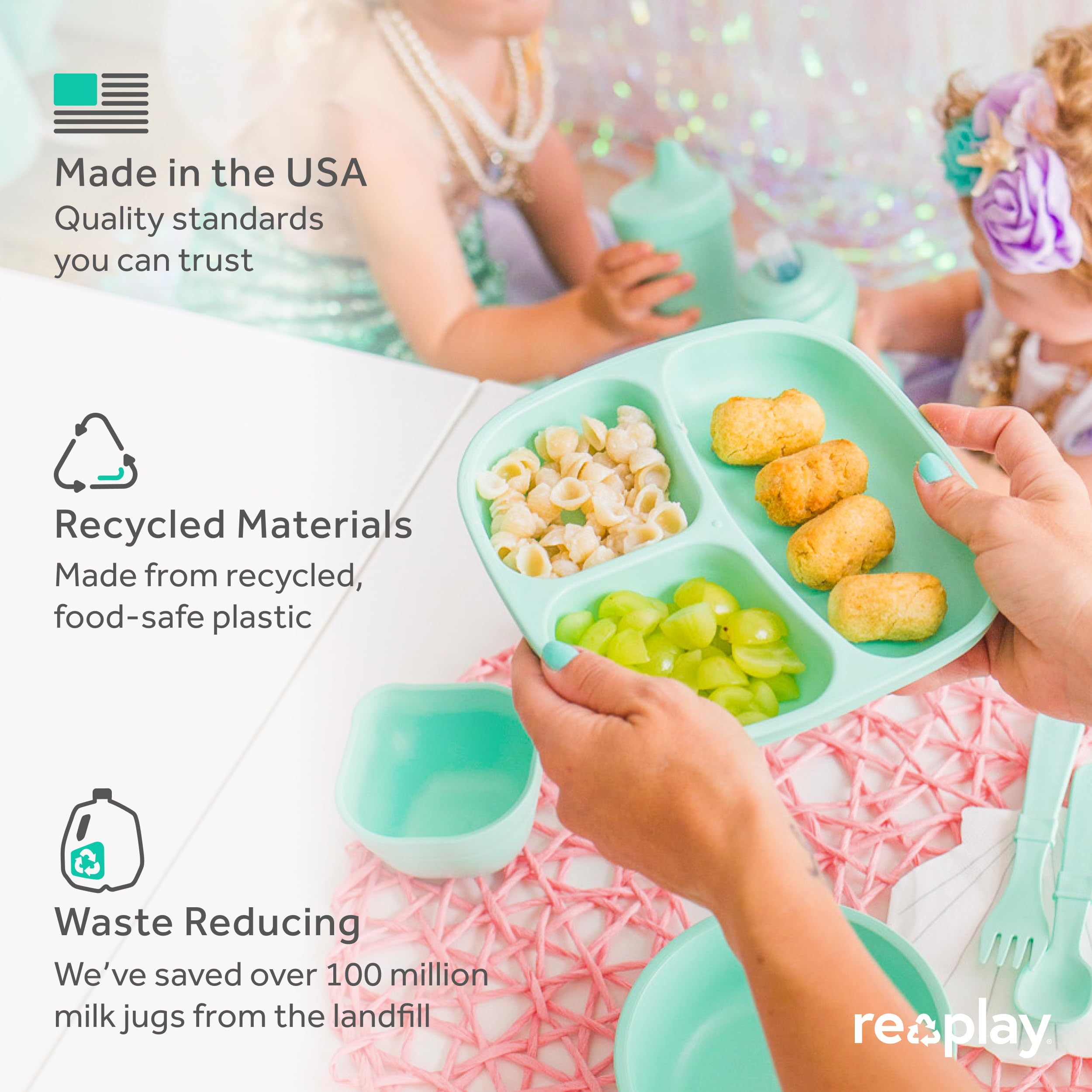 Re-Play Made in USA Deep Walled 3 Compartment Plates, Pack of 6 - Reusable Divided Plates for Kids, Dishwasher and Microwave Safe - Durable Toddler Plates 7.37" x 7.37" x 1.25", Crayon Box