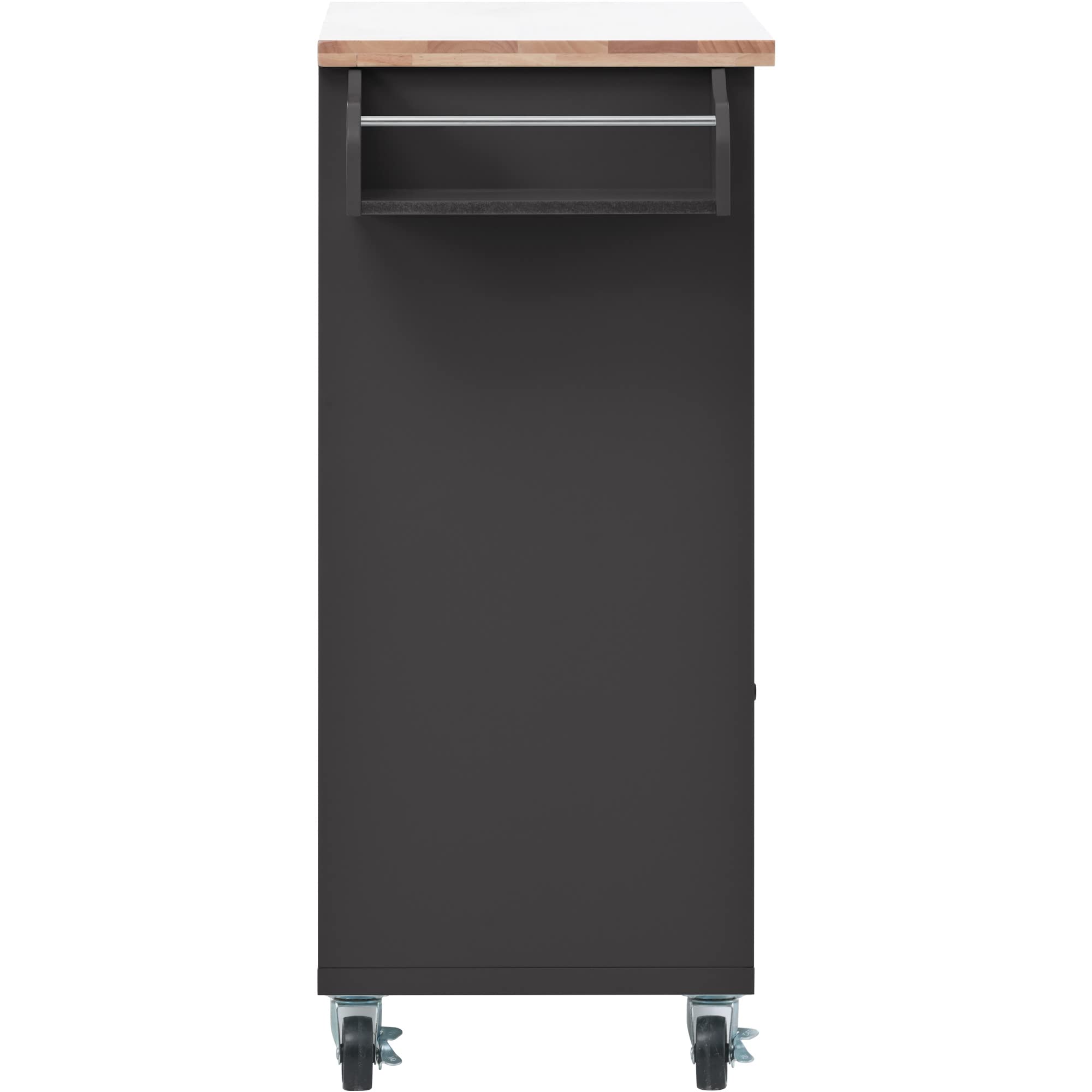 Mobile Kitchen Cart,Sideboard on 4 Wheels with 2 Drawers and 3 Open Shelves,Kitchen Island with Rubber Wood top,Storage Cabinet,Drawer, Spice Rack, Towel Rack, Kitchen Cart for Kitchen (Black)