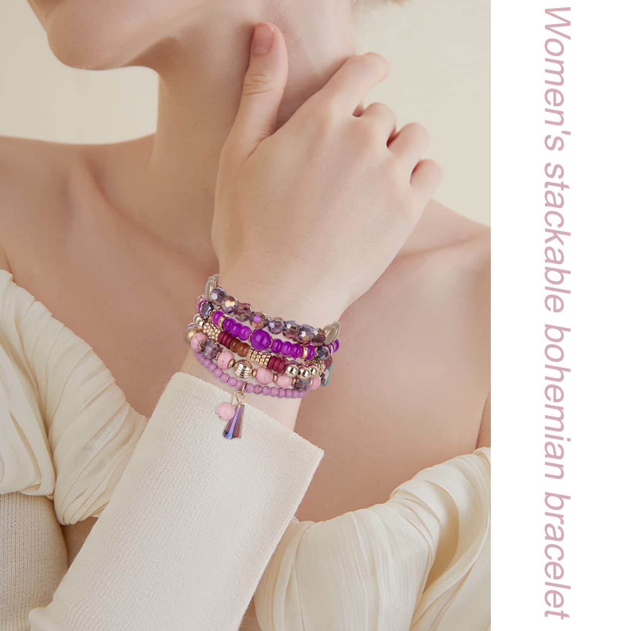 Svovin 6Sets Bohemian Mix Bead Multi Layer Versatile Statement Bracelets Stackable Beaded Strand Stretch Bangles Sparkly Crystal Tassel Charm Jewelry Gifts