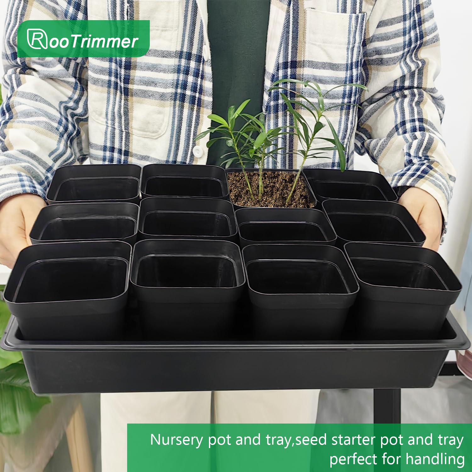RooTrimmer 3.5 inch Square Nursery Pots 60pcs, Sturdy Seed Starter Trays 5 Pcs, Seeds Starting Germination, Small Planter Nursery Propagation 5 Sets