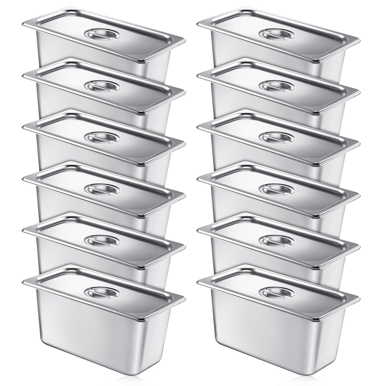 Mifoci 12 Pack Stainless Steam Hotel Pan with Lid, Steam Table Pan Restaurant Supplies Reusable Anti Rust Steam Pan Water Pan for Home, Party, Restaurant, Hotel, Buffet (1/3 Size x 6 Inch Deep)